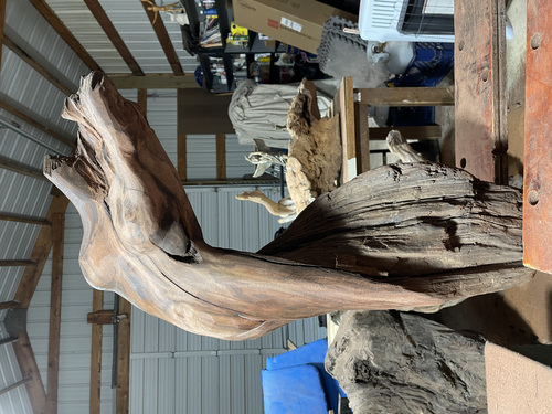 Figurative wood, stone & bronze sculpture by Crystal Lockwood